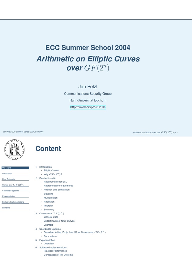 Arithmetic On Elliptic Curves Over: ECC Summer School 2004 | PDF ...