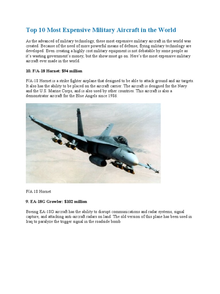 Top 10 Most Expensive Military Aircraft in The World: 10. F/A-18 Hornet ...