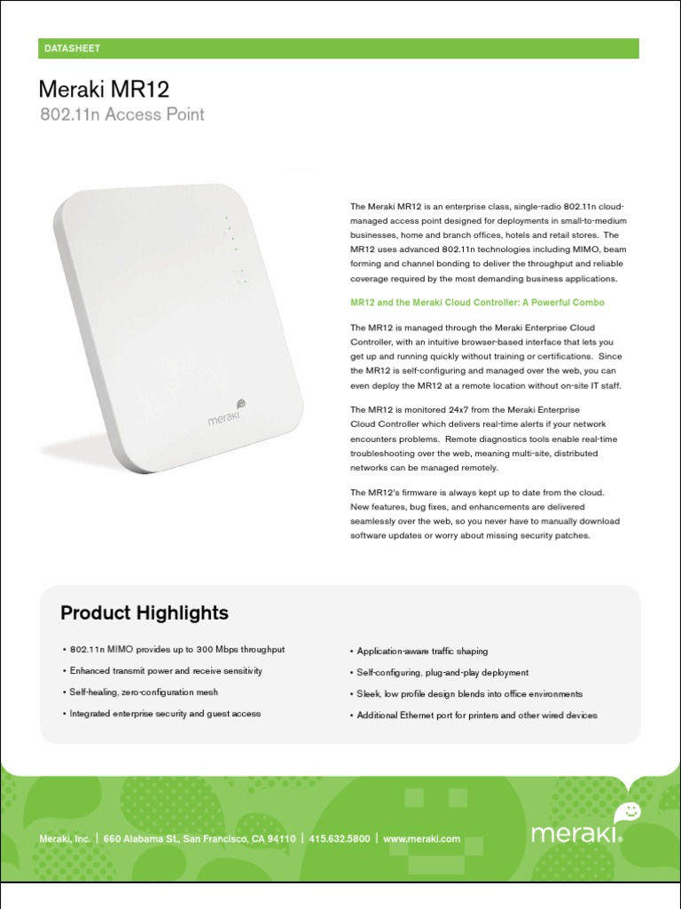 Meraki MR12: 802.11n Access Point | PDF | Ieee 802.11 | Wireless Access ...