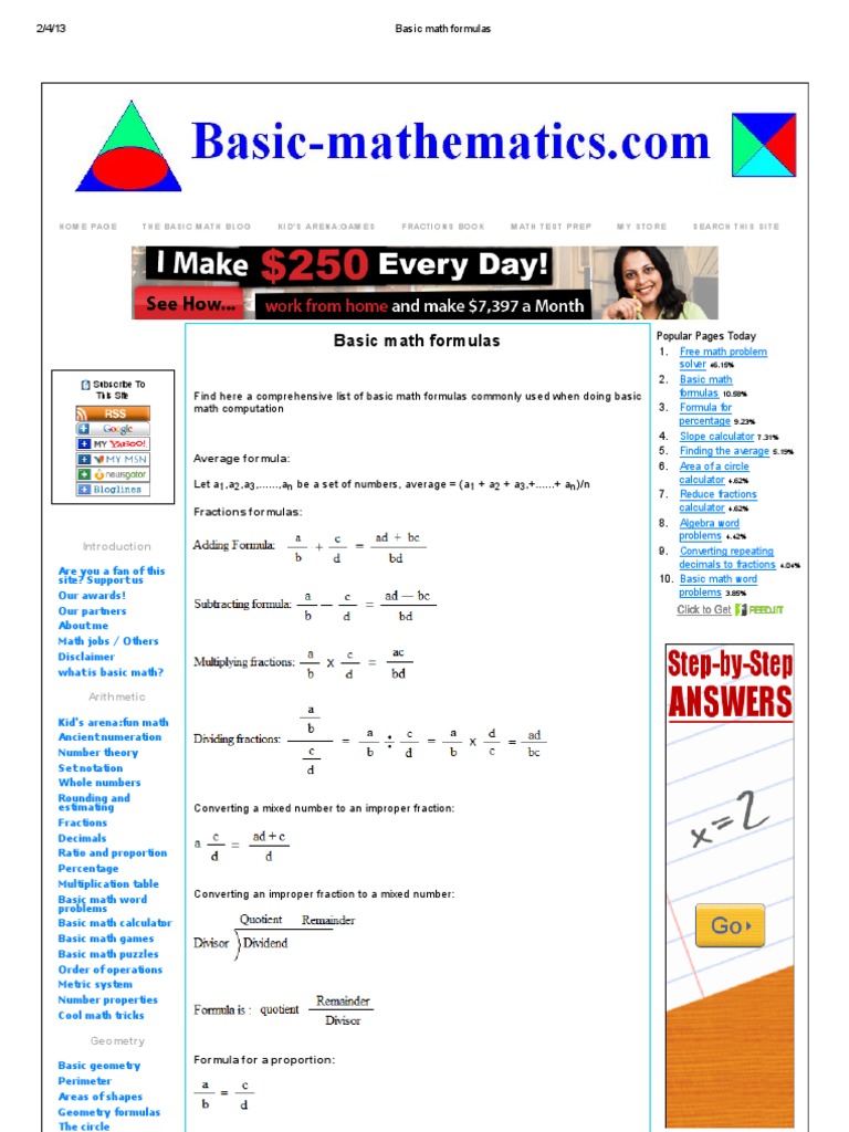 Basic Math Formulas | PDF | Area | Fraction (Mathematics)