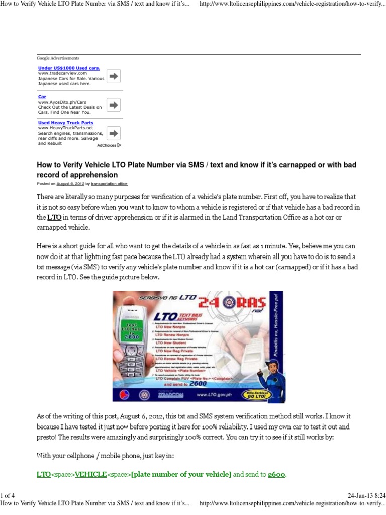 LTO Verification Via SMS | PDF | Text Messaging | Transport