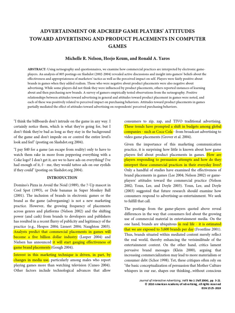 Advertainment or Adcreep - Game Players' Attitudes Toward Advertising ...