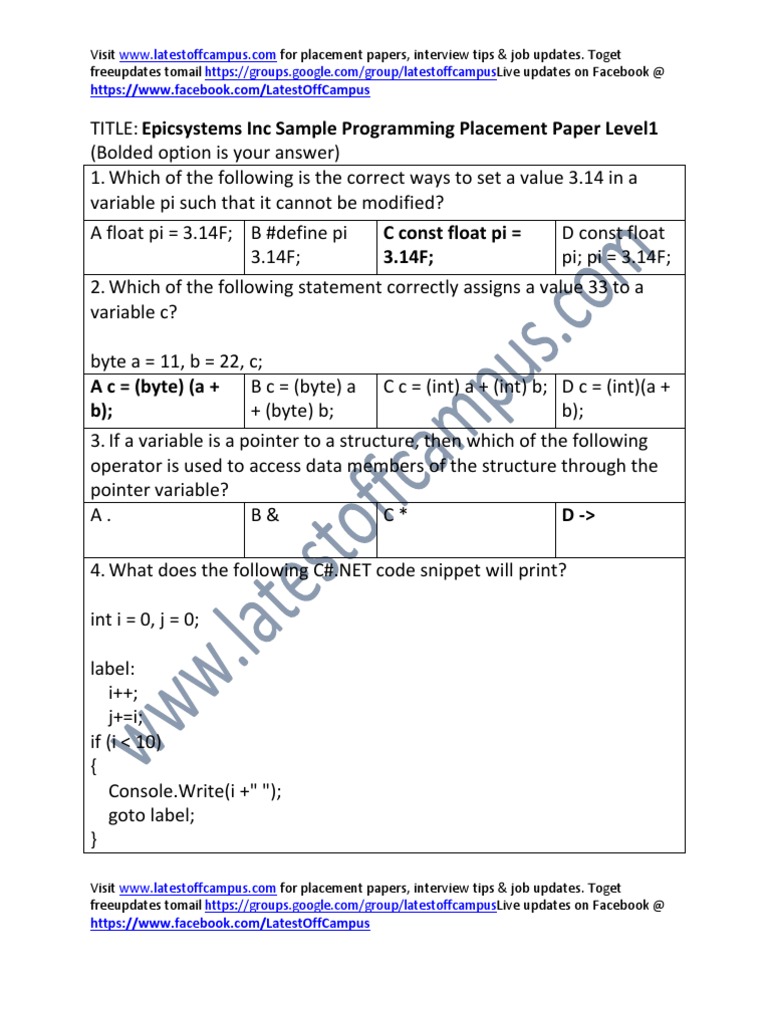 Epicsystems Inc Sample Programming Placement Paper Level1 Pdf C Programming Language