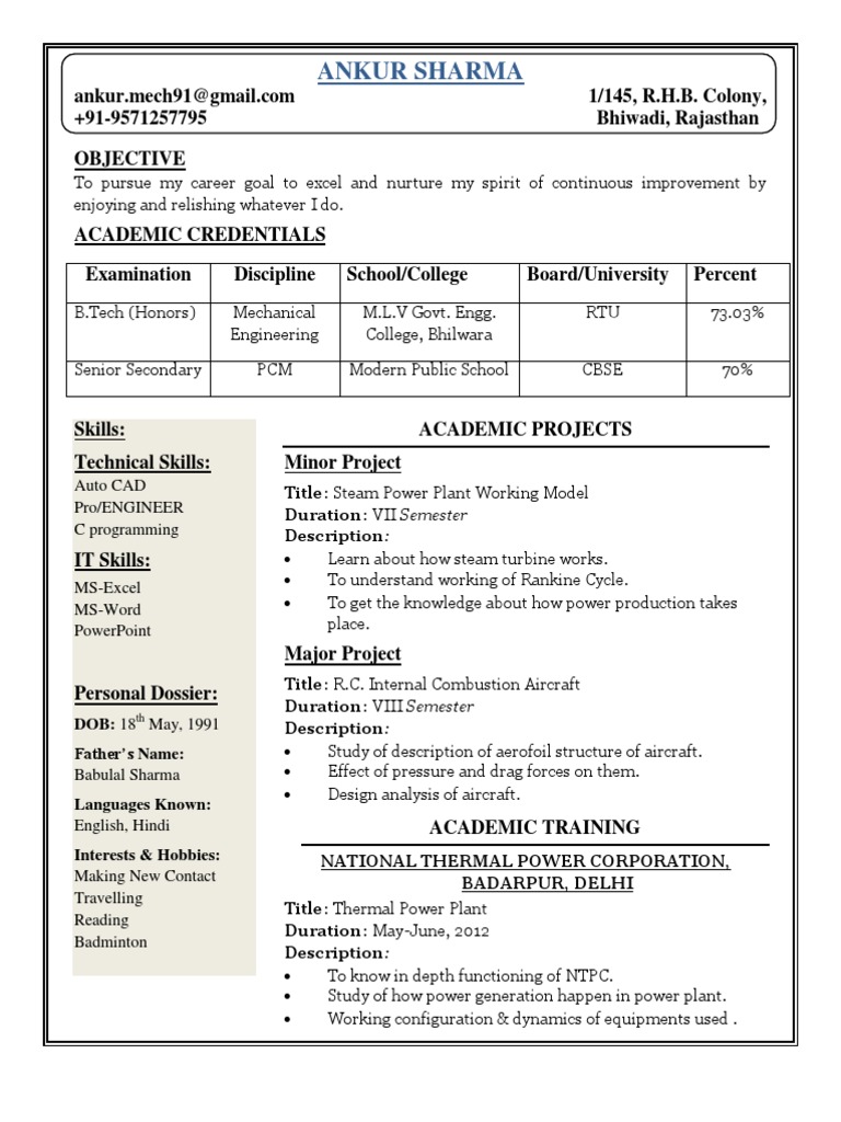 Latest Resume Format For Engineer | PDF | Power Station | Aircraft