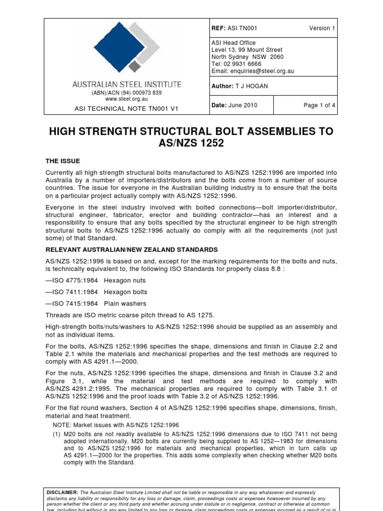 High Strength Structural Bolt Assemblies To As/nzs 1252 | PDF | Screw ...