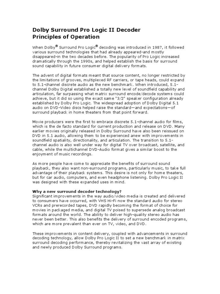 209 Dolby Surround Pro Logic II Decoder Principles of Operation | PDF ...