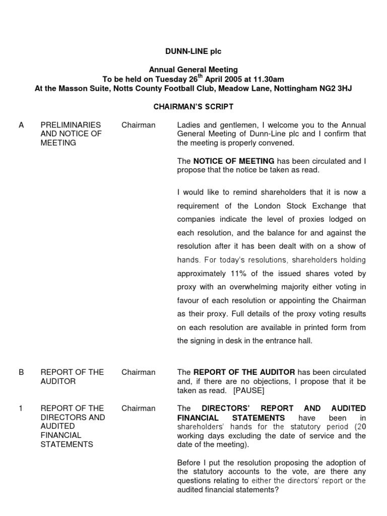 Sample AGM Script - UK | Proxy Voting | Chairman