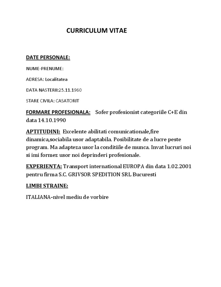 CV Sofer Profesionist cu Experiență | PDF | Recrutement | Documents ...