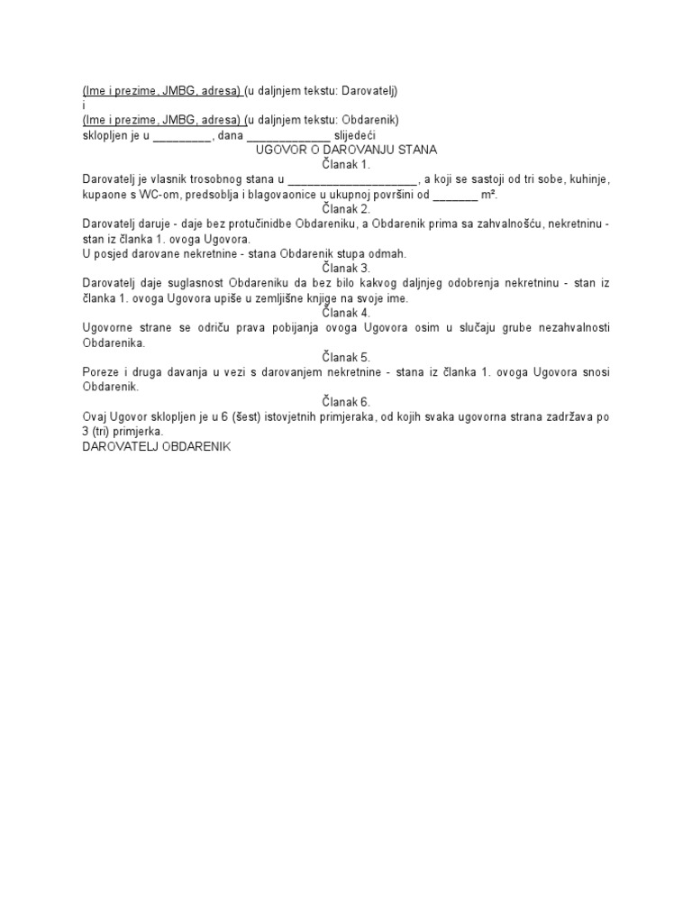 Primjer Ugovora o Darovanju | PDF