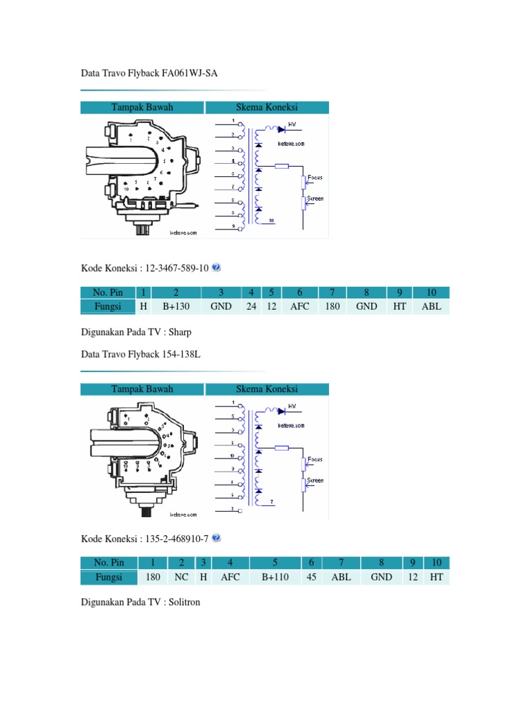 Flyback Transformer Data and Pinouts | PDF | Computers | Technology ...