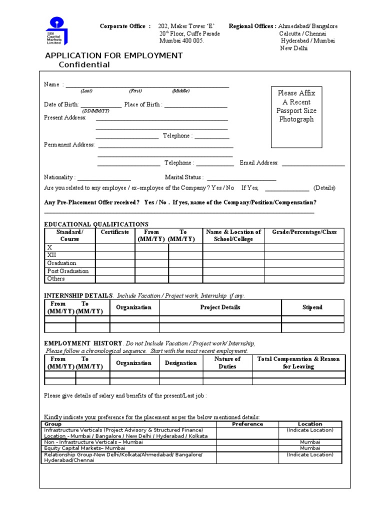 Application For Employment Confidential: Please Affix A Recent Passport ...