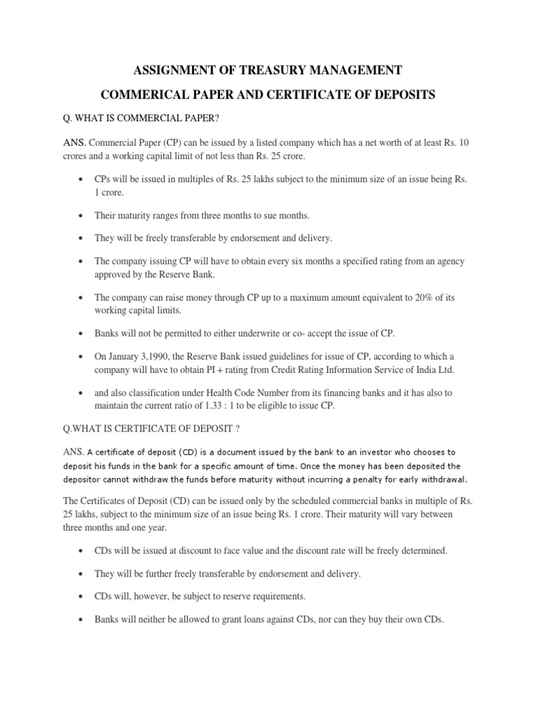 Assignment of Treasury Management Commerical Paper and Certificate of ...