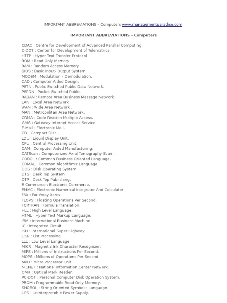Important Abbreviations - Computers | PDF | Random Access Memory | Read ...