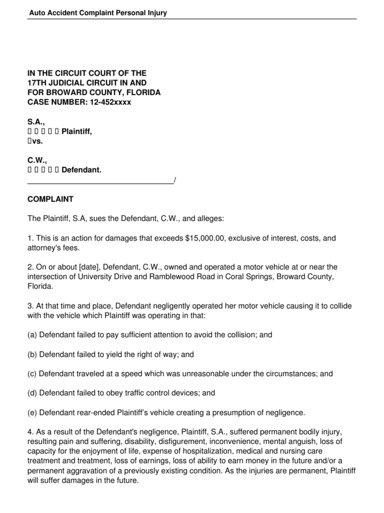 Personal Injury Auto Accident Complaint | PDF | Negligence | Damages