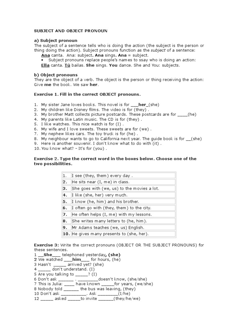 Subject and Object Pronoun | PDF | Leisure