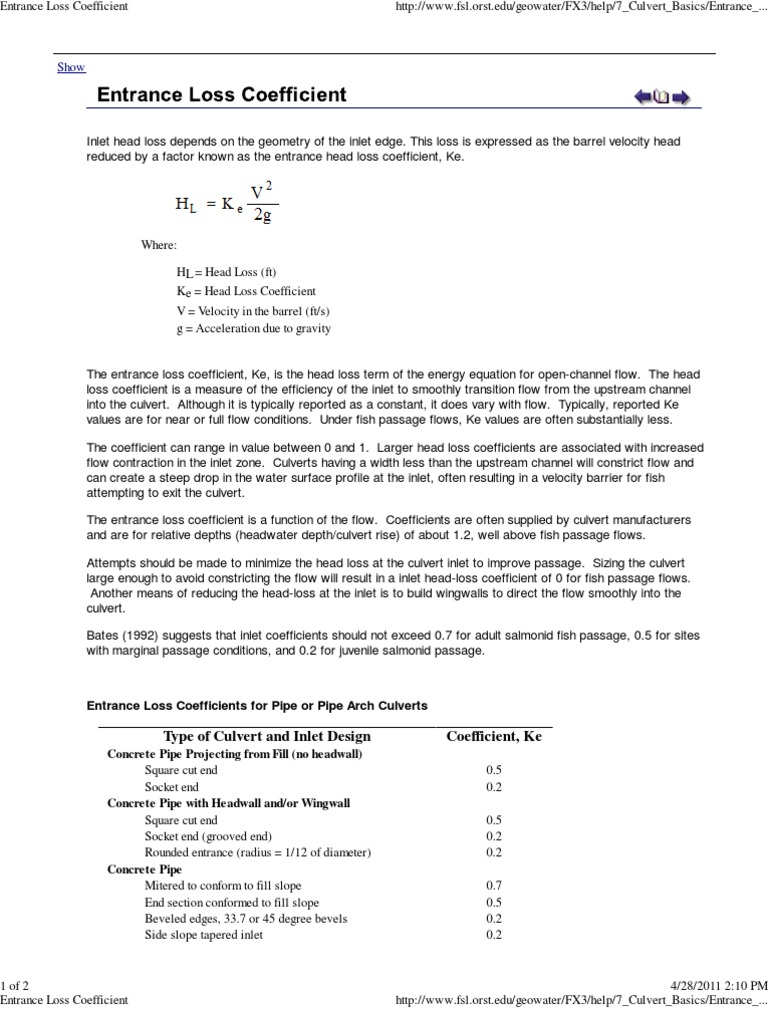 Entrance Loss Coefficient | PDF | Continuum Mechanics | Dynamics (Mechanics)