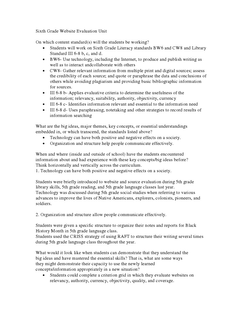 Sixth Grade Website Evaluation Unit | PDF | Educational Assessment ...