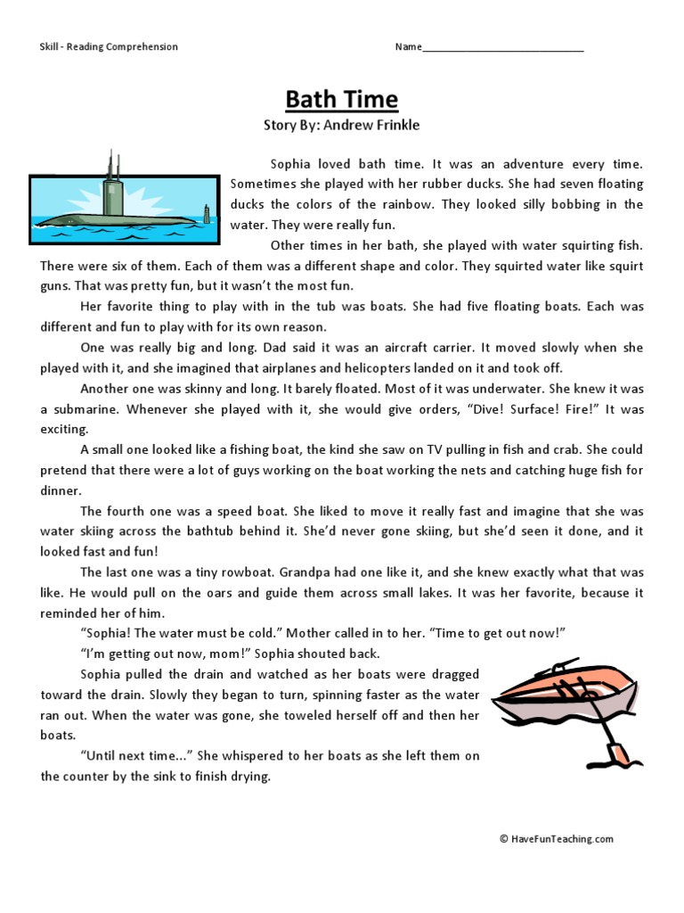 Bath Time Third Grade Reading Comprehension Worksheet | PDF | Leisure