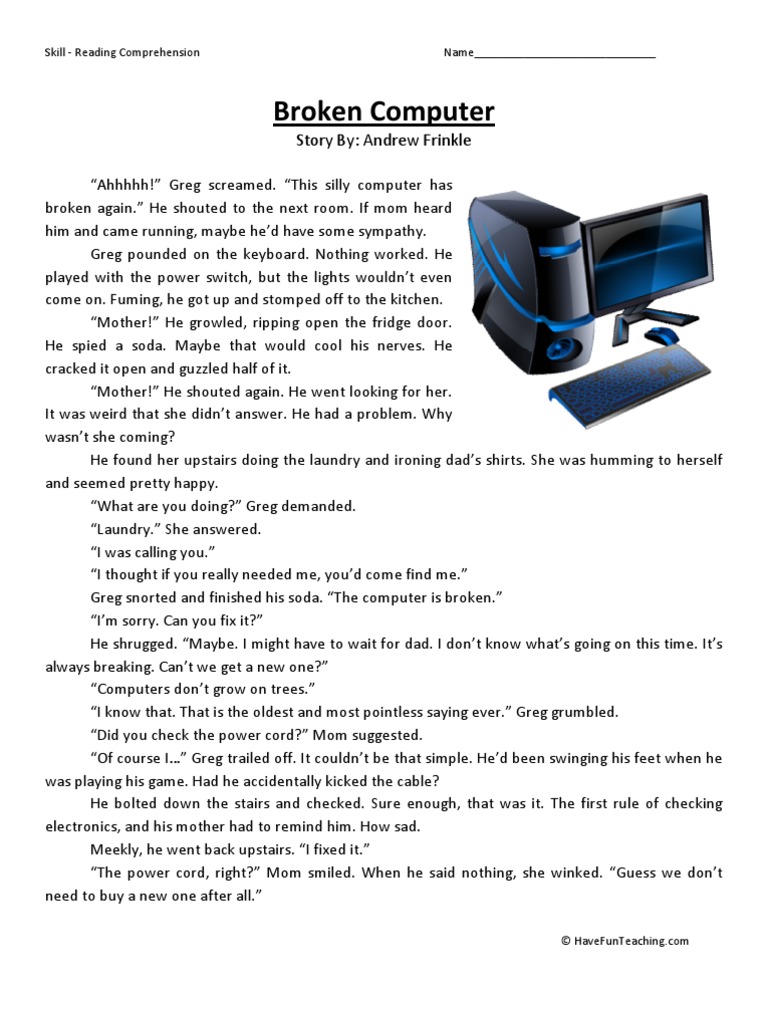 Broken Computer Third Grade Reading Comprehension Worksheet | PDF | Leisure