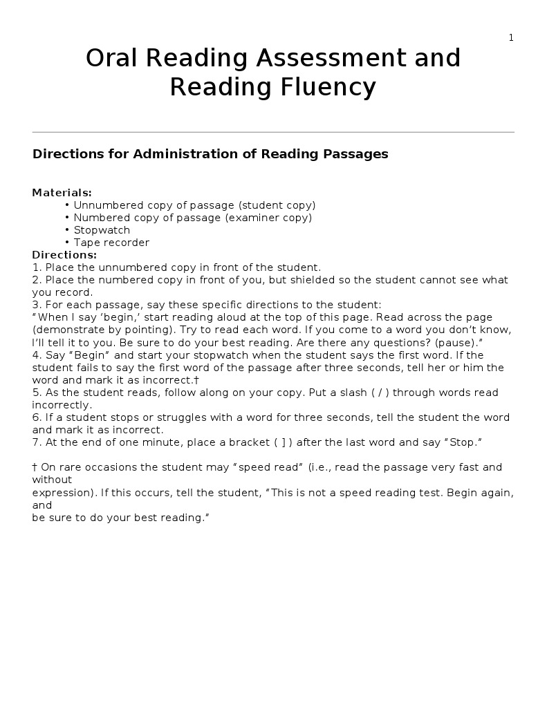 Oral Reading Assessment and Fluency1 | PDF | Reading (Process ...