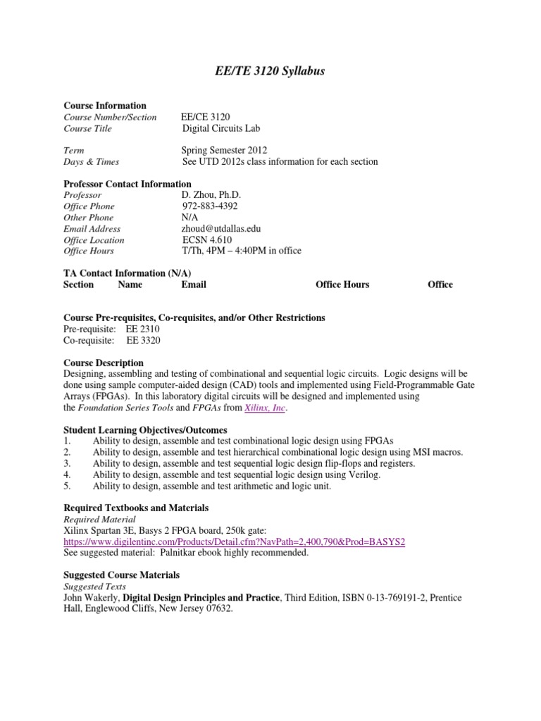 EE 3120 - UT Dallas Syllabus | PDF | Field Programmable Gate Array | Logic Synthesis