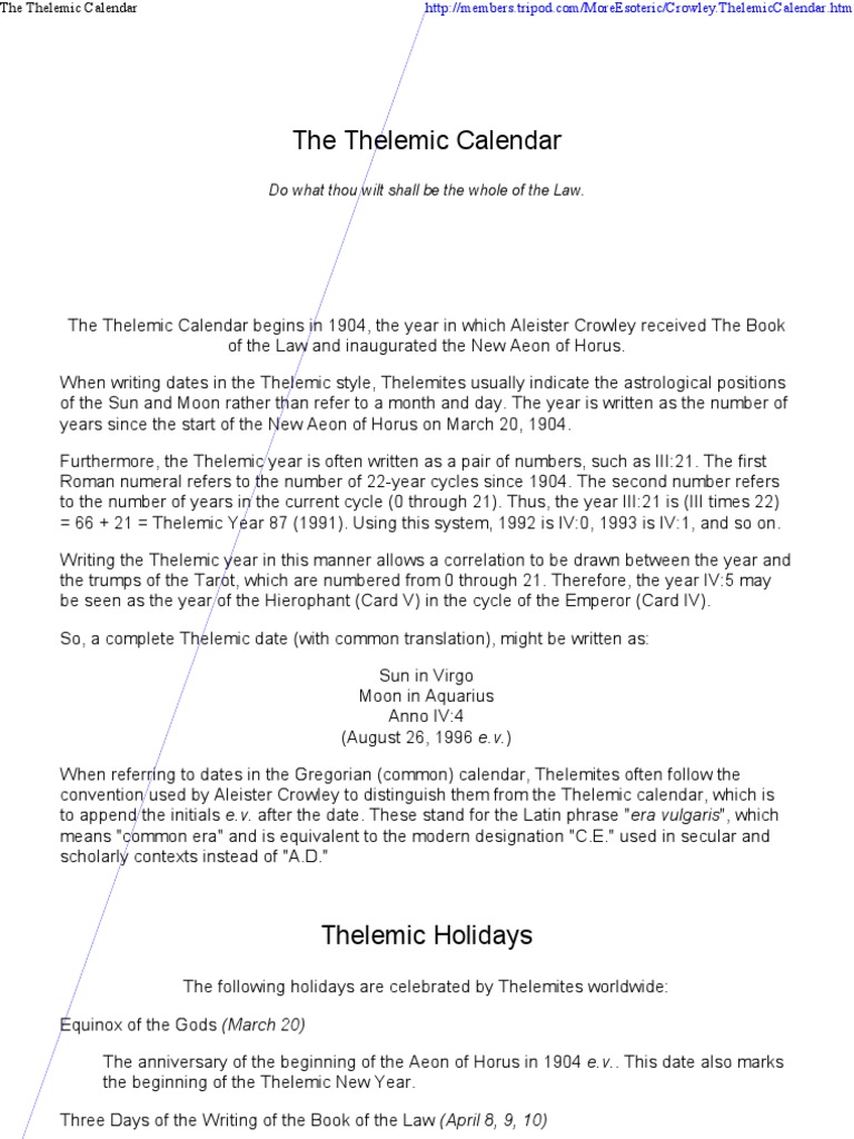 The Thelemic Calendar | PDF | Thelema | Aleister Crowley