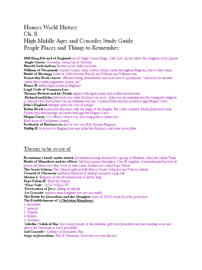 Chapter 8 Study Guide | PDF | Crusades | Byzantine Empire