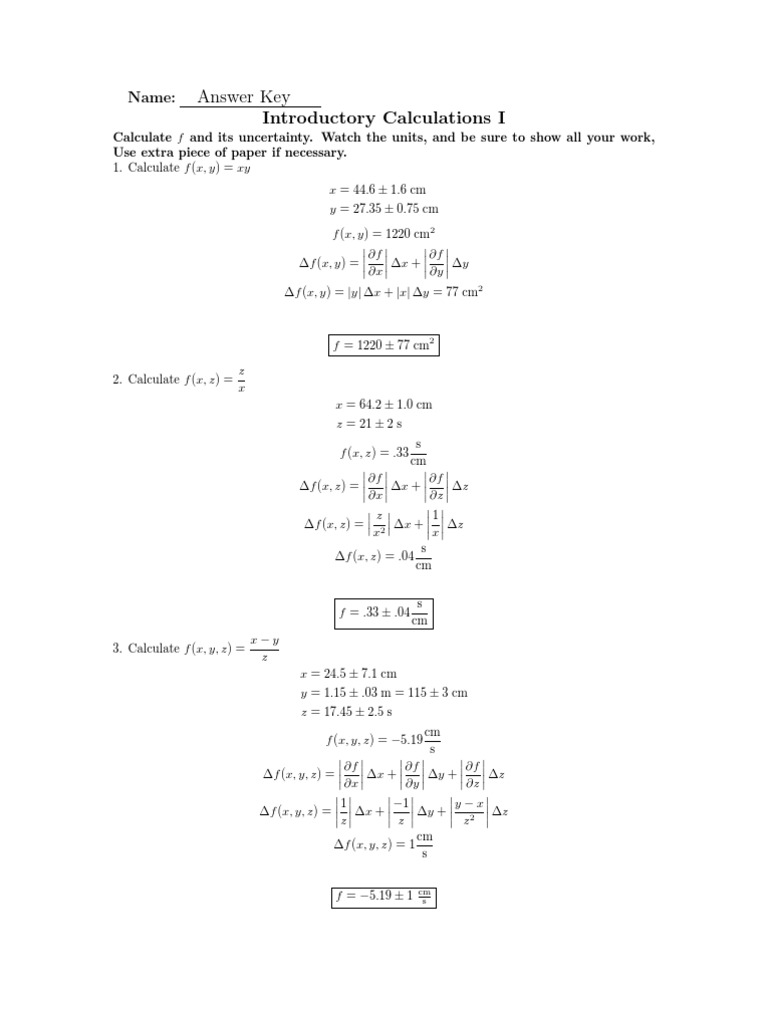 Answer Key - Introductory Calculations I - Uncertainty | PDF