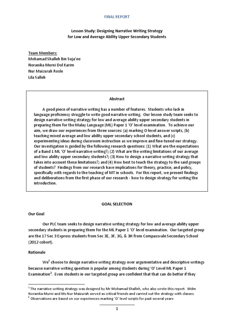 Lesson Study: Designing Narrative Writing Strategy For Low and Average ...