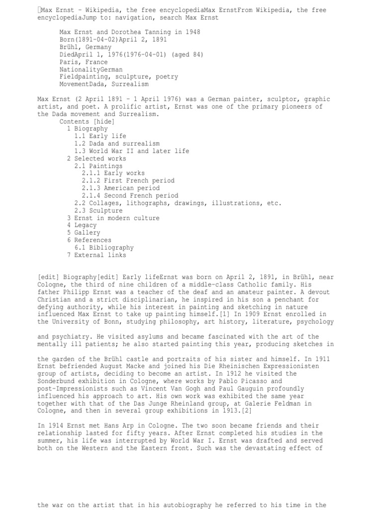 Max Ernst - Wikipedia, The Free Encyclopedia | PDF | Modern Art | Modernism
