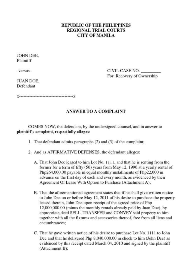 Answer To A Complaint (Civil Case) | PDF | Lease | Lawsuit