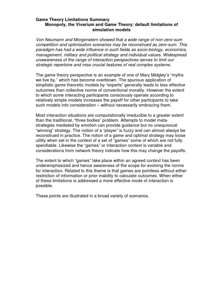 Game Theory Limitations Summary Monopoly, The Vivarium and Game Theory ...