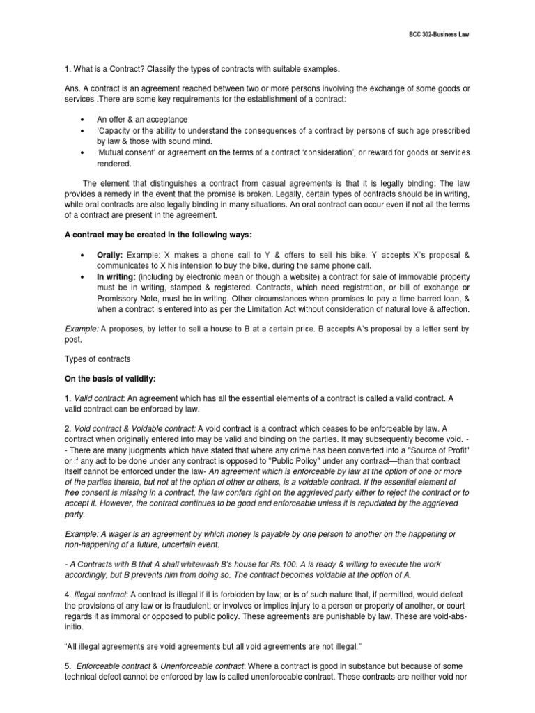 A Contract May Be Created in The Following Ways: Orally:: BCC 302 ...