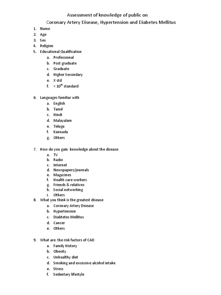 Questionnaire | PDF | Diabetes Mellitus | Coronary Artery Disease