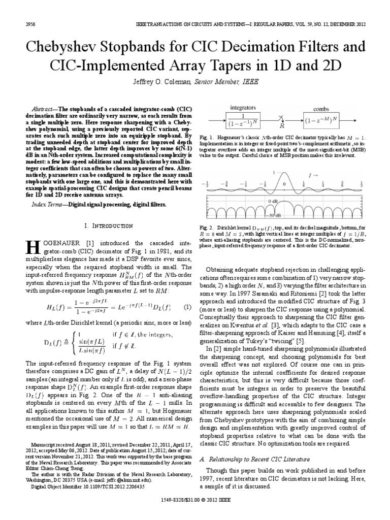 Chebyshev Stopbands For CIC Decimation Filters and CIC-Implemented Array Tapers in 1D and 2D ...