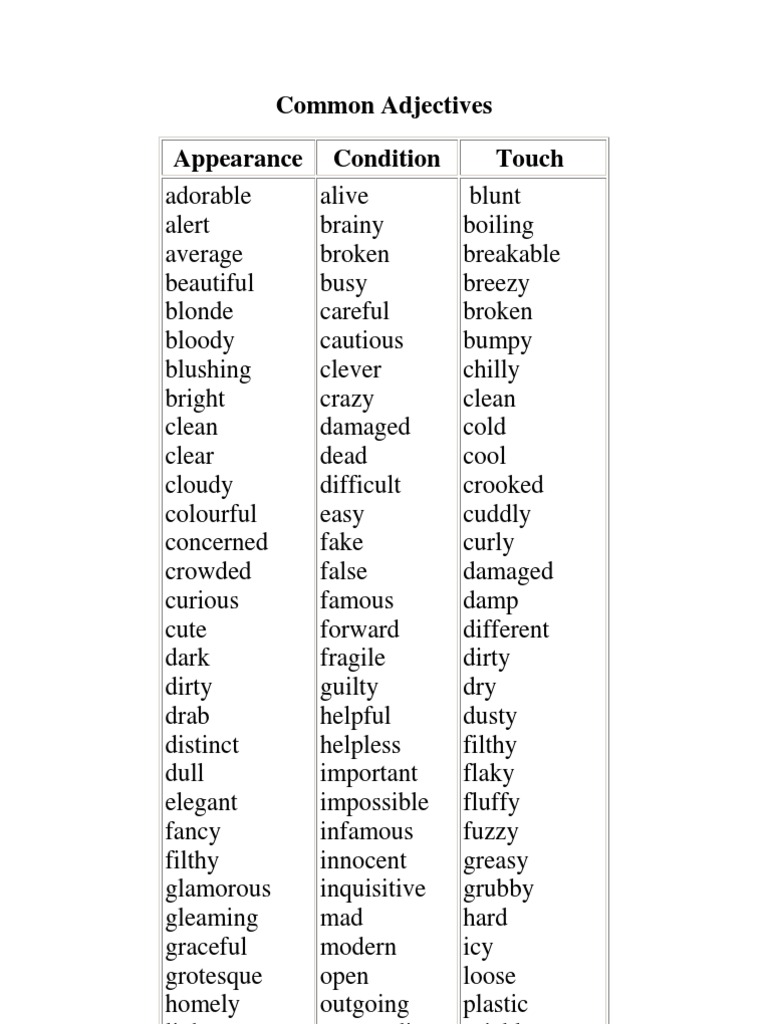 Common Adjectives Appearance Condition Touch | PDF | Nature