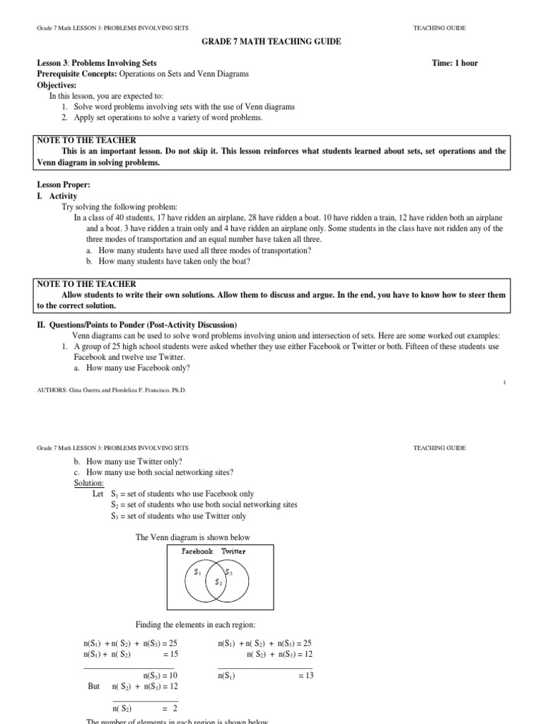 Grade 7 Math Lesson 3: Problems Involving Sets Teaching Guide | PDF ...