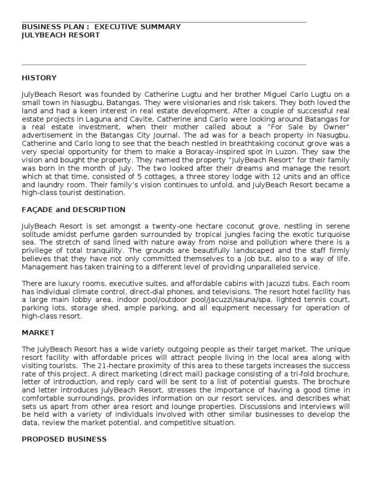 Executive Summary (Sample) | PDF | Resort | Swimming Pool