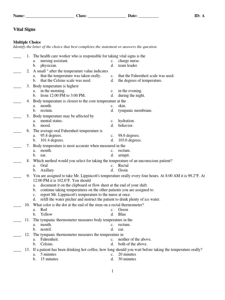 Vital Signs Quiz | PDF | Blood Pressure | Pulse