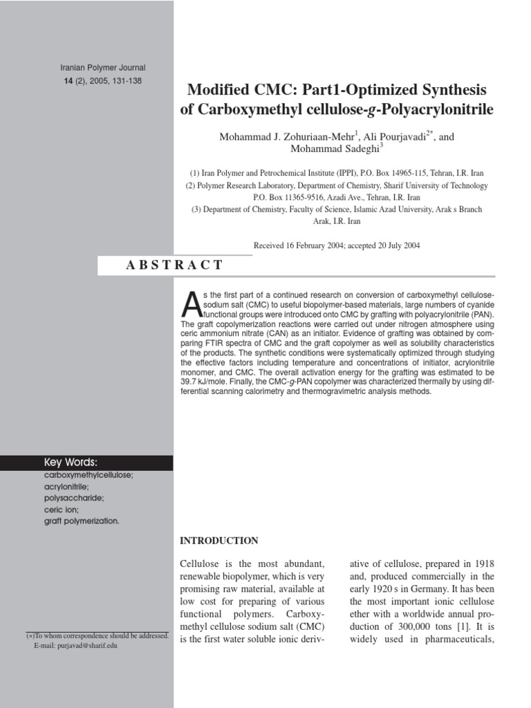 Modified CMC: Part1-Optimized Synthesis of Carboxymethyl Cellulose-G ...