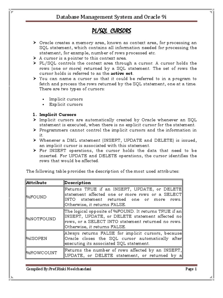 PL/SQL Cursors: Database Management System and Oracle 9i | PDF | Pl/Sql ...