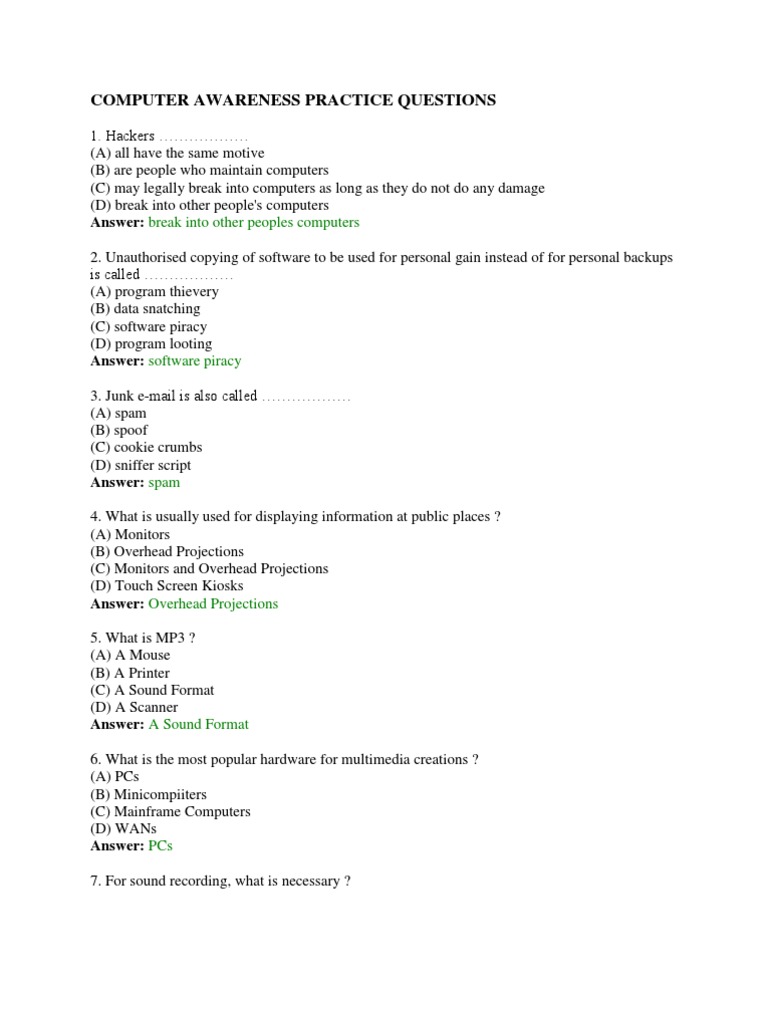 Computer Awareness Practice Questions | PDF | Personal Computers | Input/Output