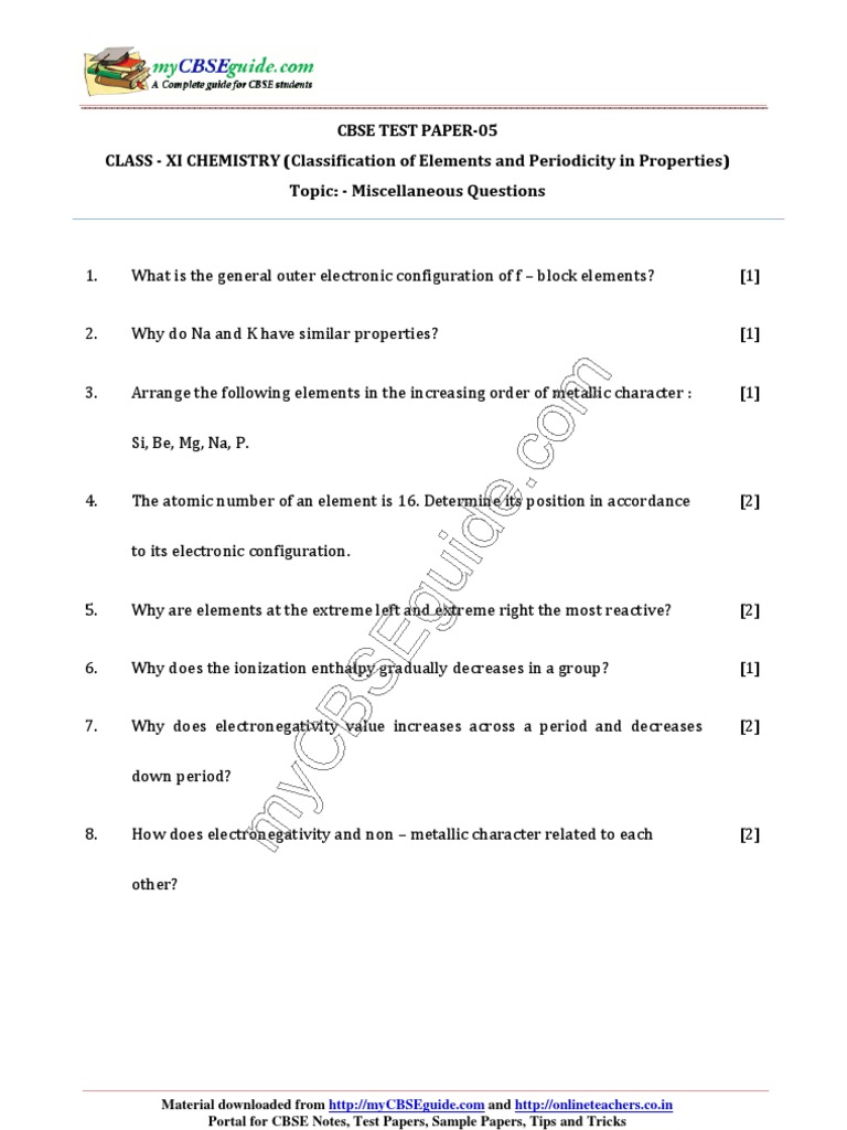 Cbse Test Paper-05 CLASS - XI CHEMISTRY (Classification of Elements and ...