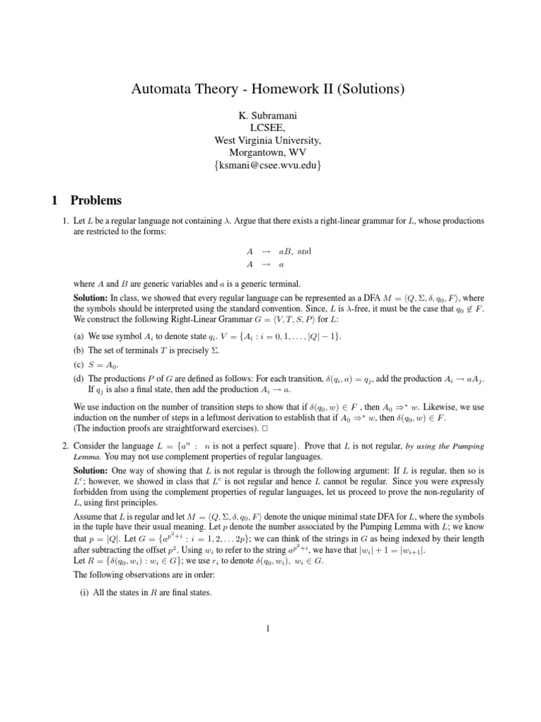 Automata Theory - Homework II (Solutions) : 1 Problems | PDF | Syntax (Logic) | Metalogic