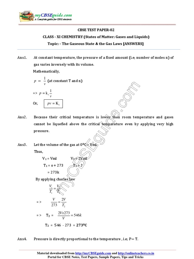 The Gaseous State & the Gas Laws: Answers to Test Questions on the ...