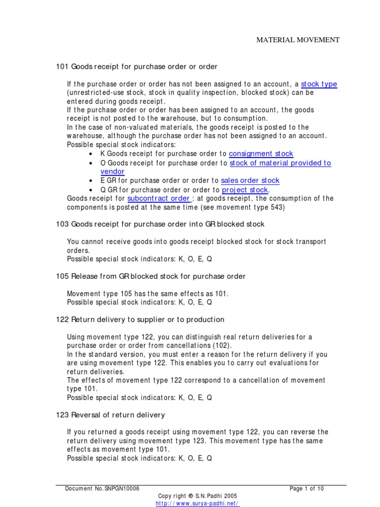 MATERIAL MOVEMENT TYPES in SAP | PDF | Delivery (Commerce) | Warehouse