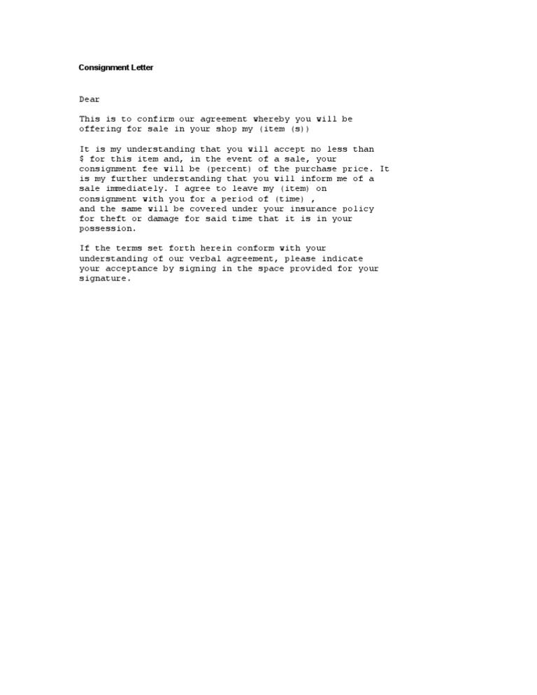Consignment Agreement Confirmation Letter | PDF