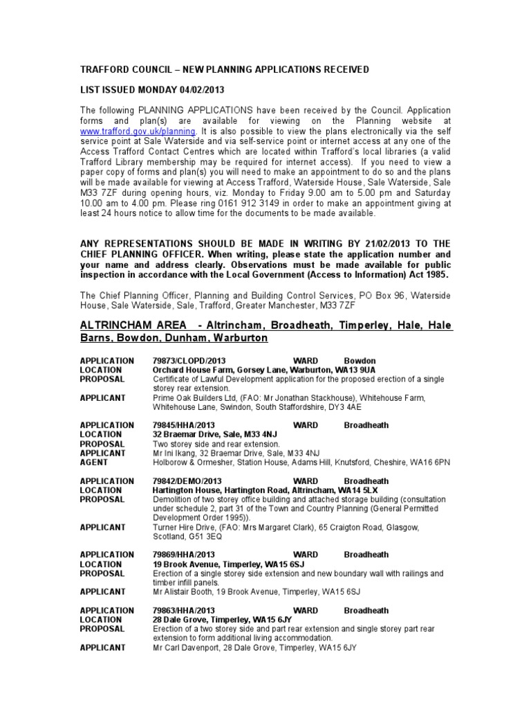 Trafford Council New Planning Applications | PDF | Business