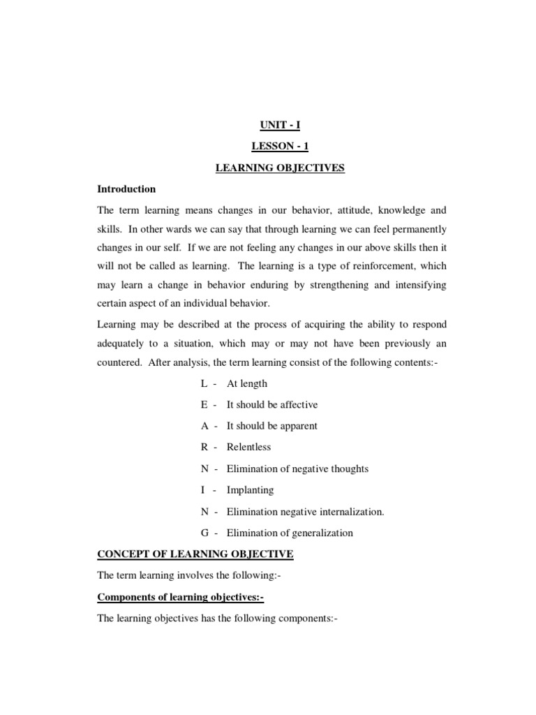 Unit - I Lesson - 1 Learning Objectives | PDF | Learning | Educational ...