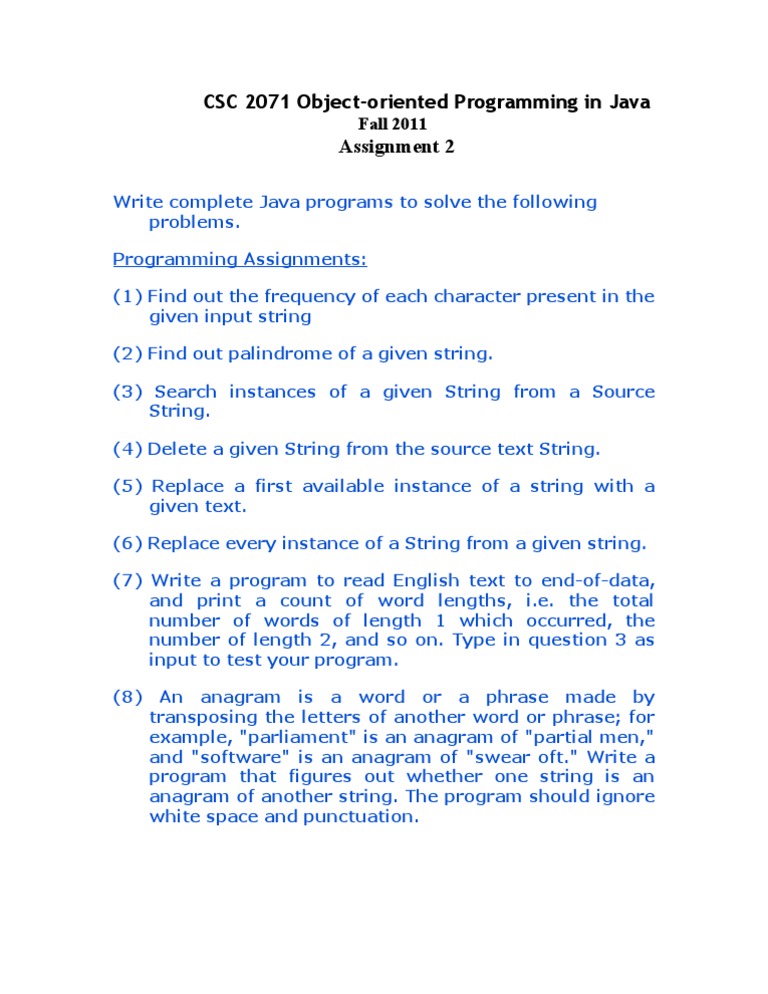CSC 2071 Object-Oriented Programming in Java Assignment 2: Fall 2011 | PDF | Computers